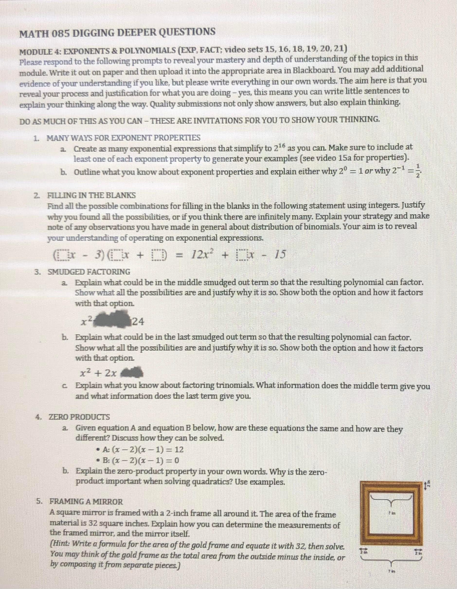 MATH 085 DIGGING DEEPER QUESTIONS MODULE 4: EXPONENTS | Chegg.com