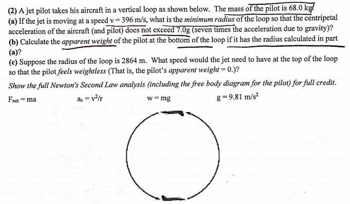 Solved (2) A jet pilot takes his aircraft in a vertical loop | Chegg.com