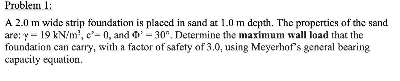 Solved Problem 1: A 2.0 m wide strip foundation is placed in | Chegg.com