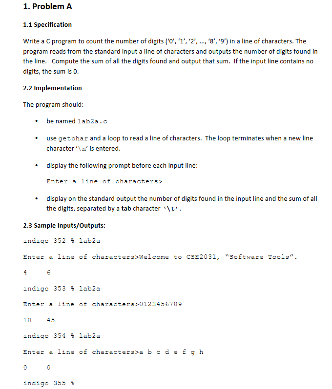 Solved 1. Problem A 1.1 Specification Write a C program to | Chegg.com