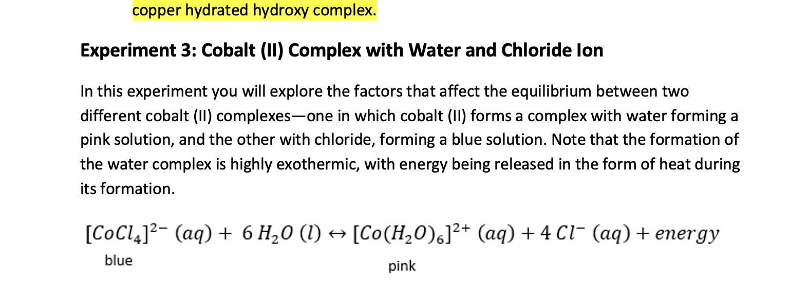Solved Experiment 3: Cobalt (II) Complex with Water and | Chegg.com