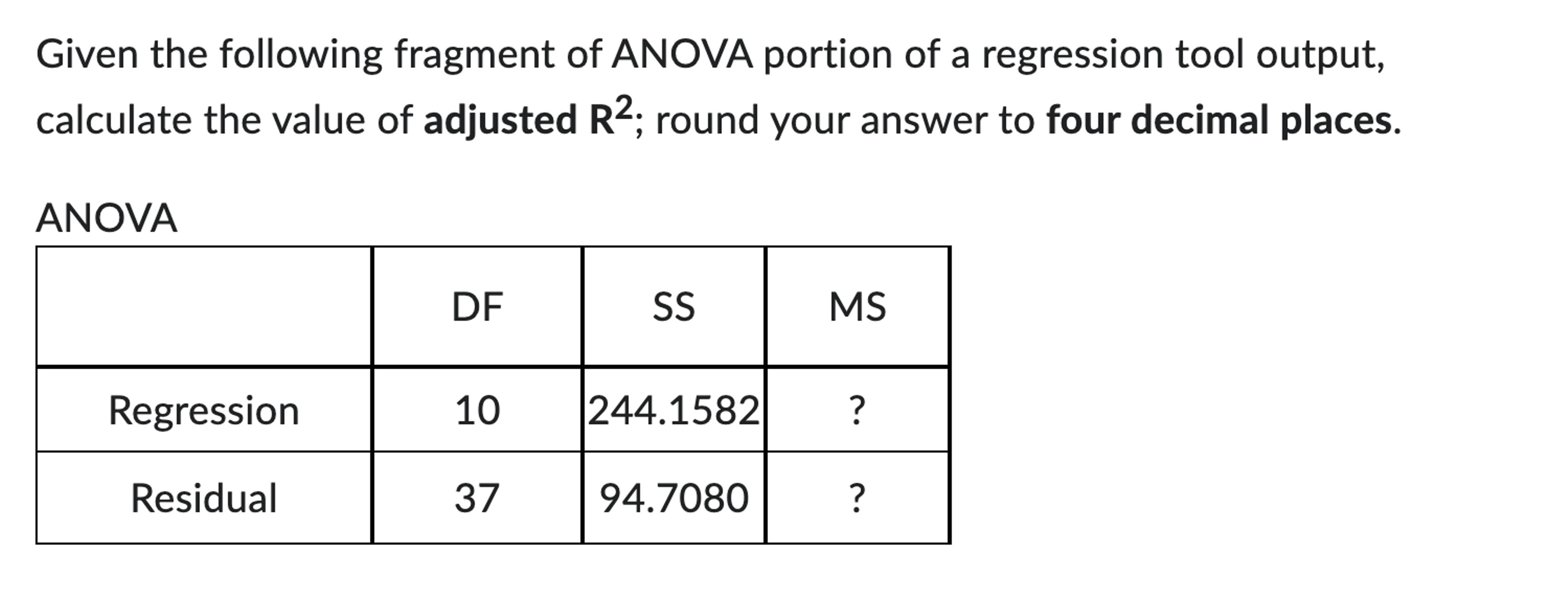 Solved Given the following fragment of ANOVA portion of a | Chegg.com