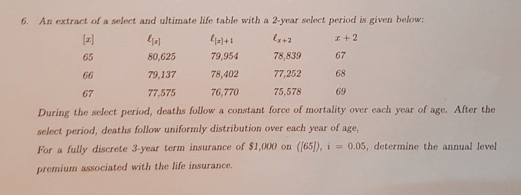 Solved 6. An extract of a select and ultimate life table | Chegg.com