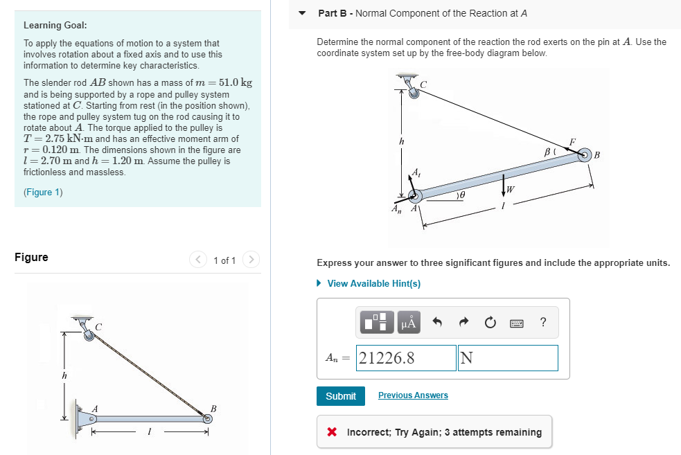 Solved Part B Normal Component of the Reaction at A Learning | Chegg.com