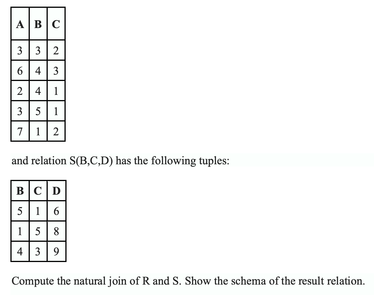 Solved 3 3 2 643 241 3 51 712 and relation S(B,C,D) has the | Chegg.com