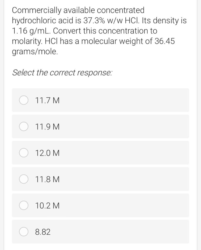 Solved Commercially available concentrated hydrochloric acid | Chegg.com