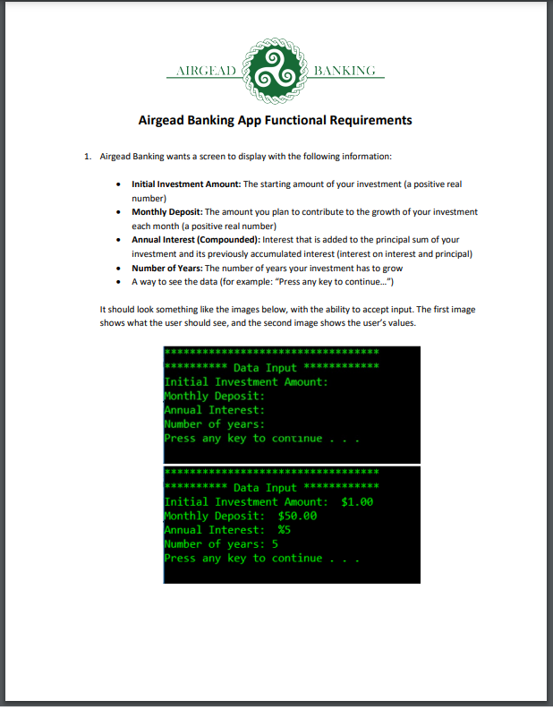 Solved Airgead Banking App Functional Requirements 1