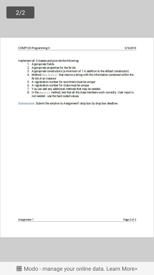 COMP123-Programming II 5/16/2018 Assignment 1 | Chegg.com