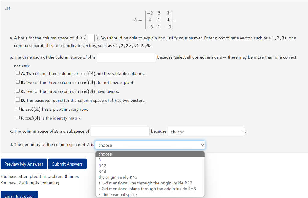 Solved Options for C because section are: Each column of A | Chegg.com