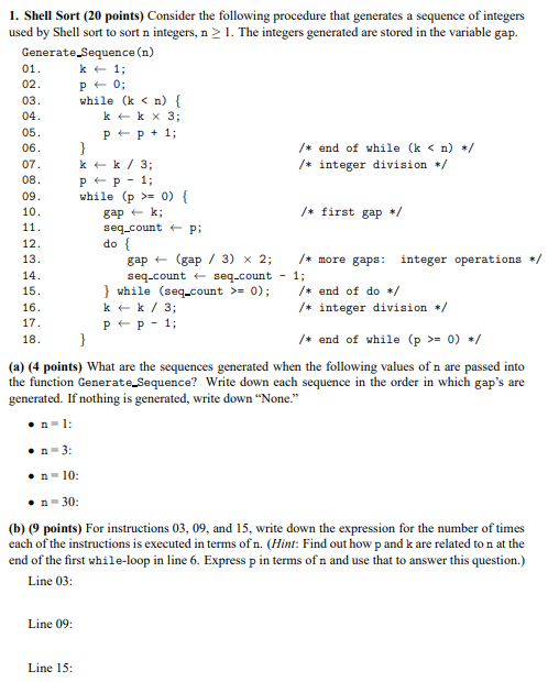 1. Shell Sort (20 points) Consider the following | Chegg.com