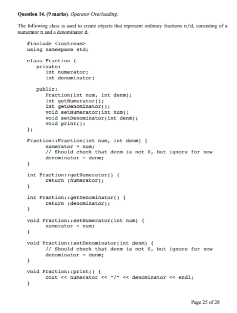 Solved Question 14. (9 marks). Operator Overloading. The | Chegg.com