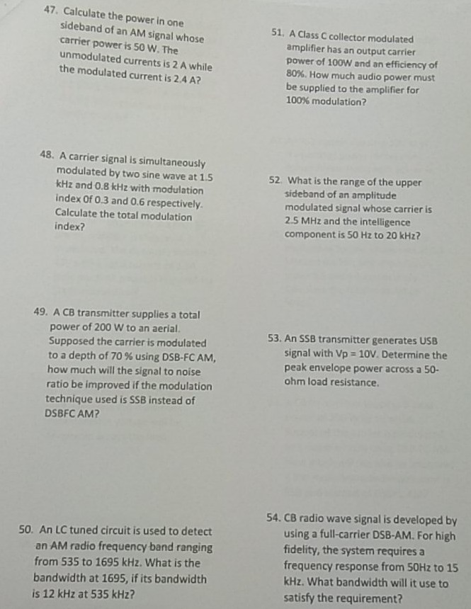Solved 47. Calculate the power in one sideband of an AM | Chegg.com