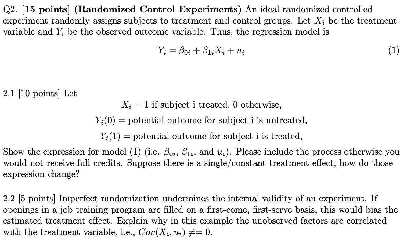 Q2. [15 points] (Randomized Control Experiments) An | Chegg.com