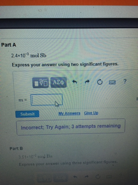 Solved Part A 2.4x10 3 mol Sb Express your answer using two | Chegg.com