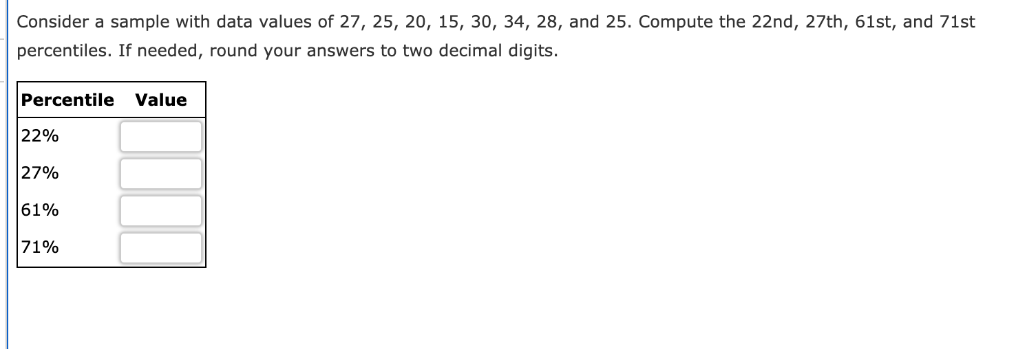 Solved Consider a sample with data values of 27, 25, 20, 15, | Chegg.com