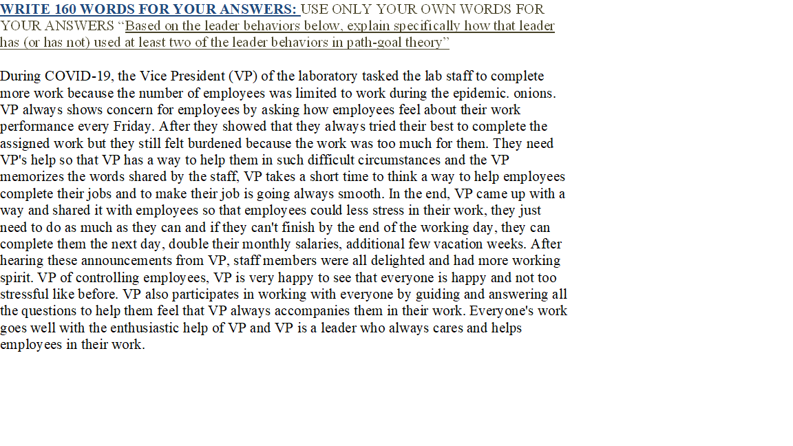 Solved WRITE 160 WORDS FOR YOUR ANSWERS: USE ONLY YOUR OWN | Chegg.com