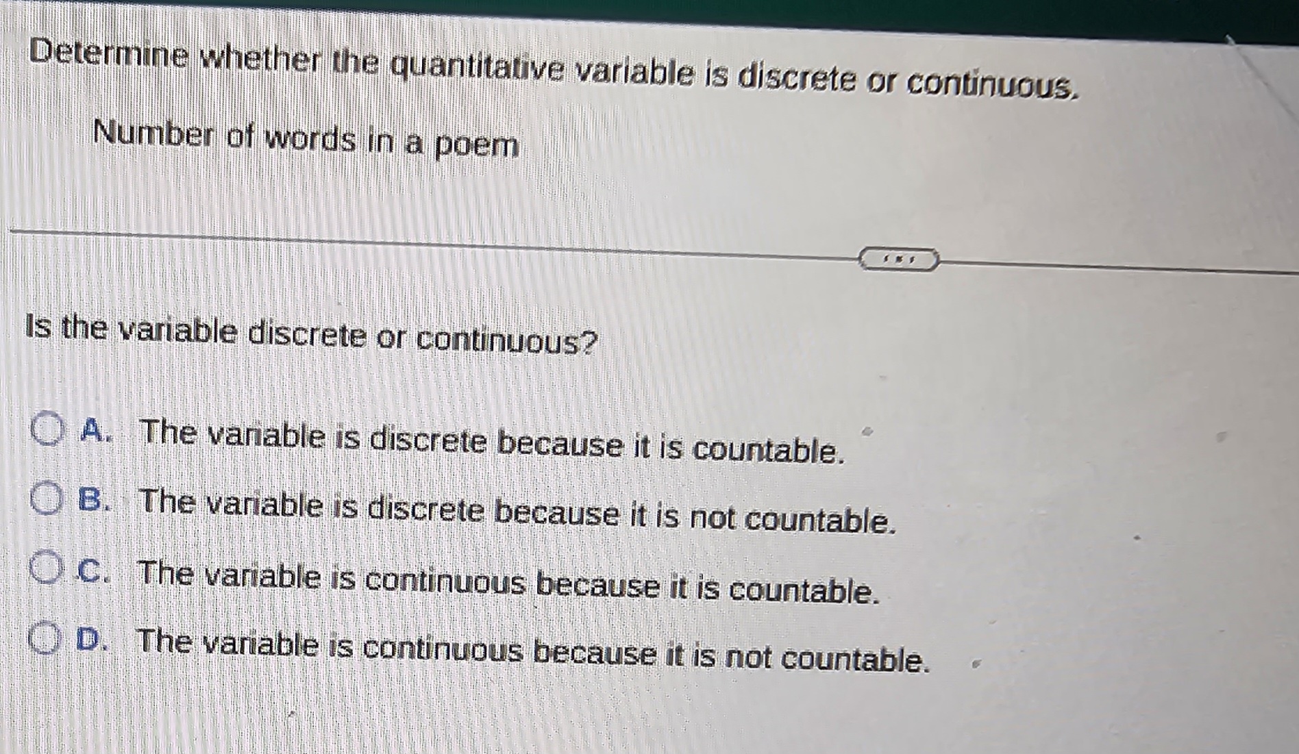 Determine whether the quantitative varlable is | Chegg.com