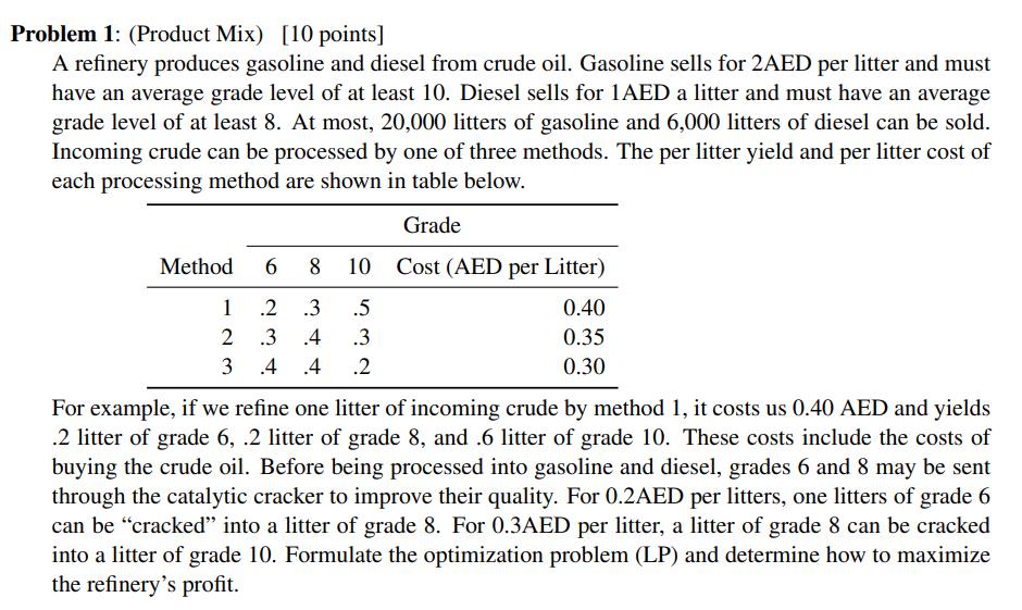 Solved roblem 1: (Product Mix) [10 points] A refinery | Chegg.com