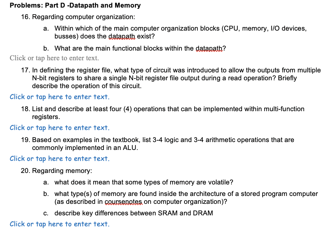 Solved Problems: Part D-Datapath and Memory 16. Regarding | Chegg.com