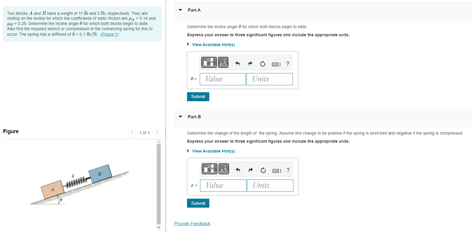 Solved Two blocks A and B have a weight of 11lb and 5lb, | Chegg.com