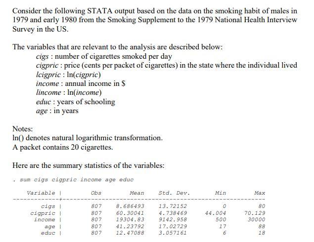Solved Consider the following STATA output based on the data | Chegg.com