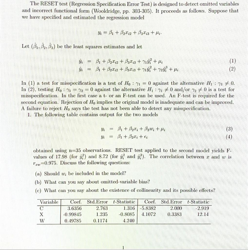 The RESET test (Regression Specification Error Test) | Chegg.com