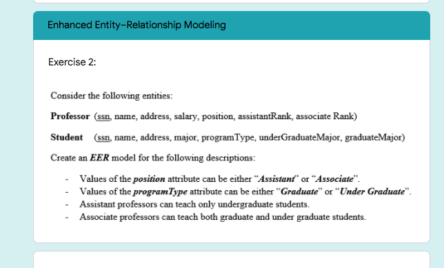 Solved Enhanced Entity-Relationship Modeling Exercise 2: | Chegg.com