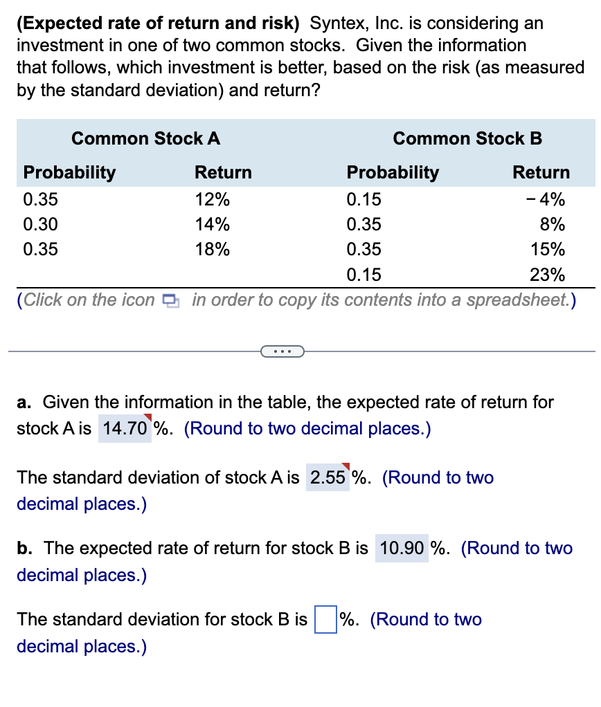 Solved (Expected rate of return and risk) Syntex, Inc. is | Chegg.com