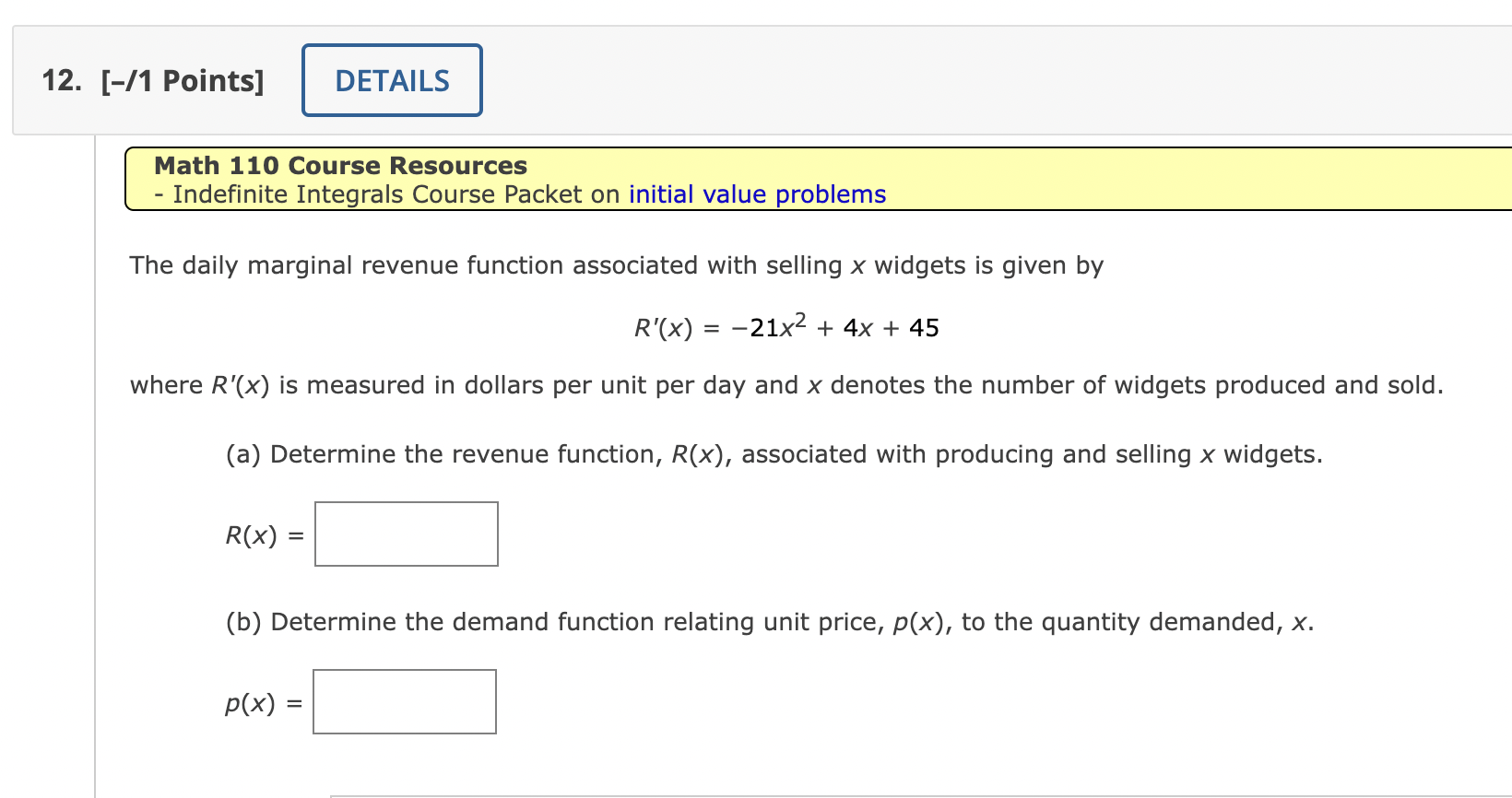 Solved Indefinite Integrals Course Packet on initial value | Chegg.com