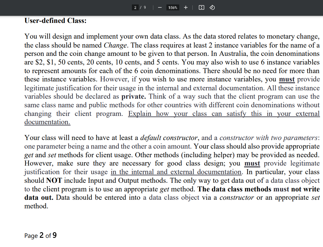 Solved 219 156% + e User-defined Class: You will design and | Chegg.com