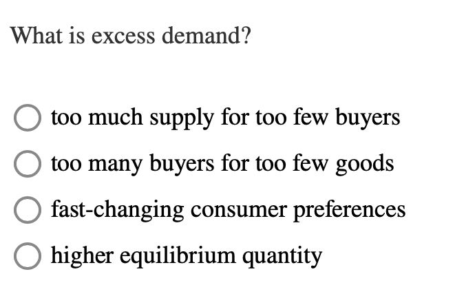 Solved What is excess demand? too much supply for too few | Chegg.com