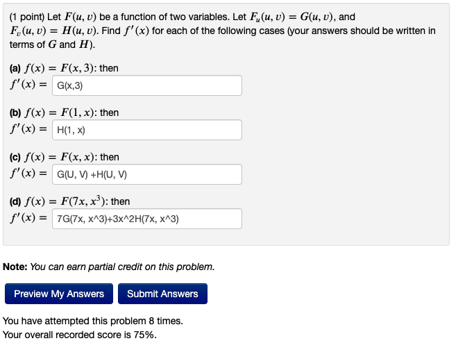Solved = (1 point) Let F(u, v) be a function of two | Chegg.com