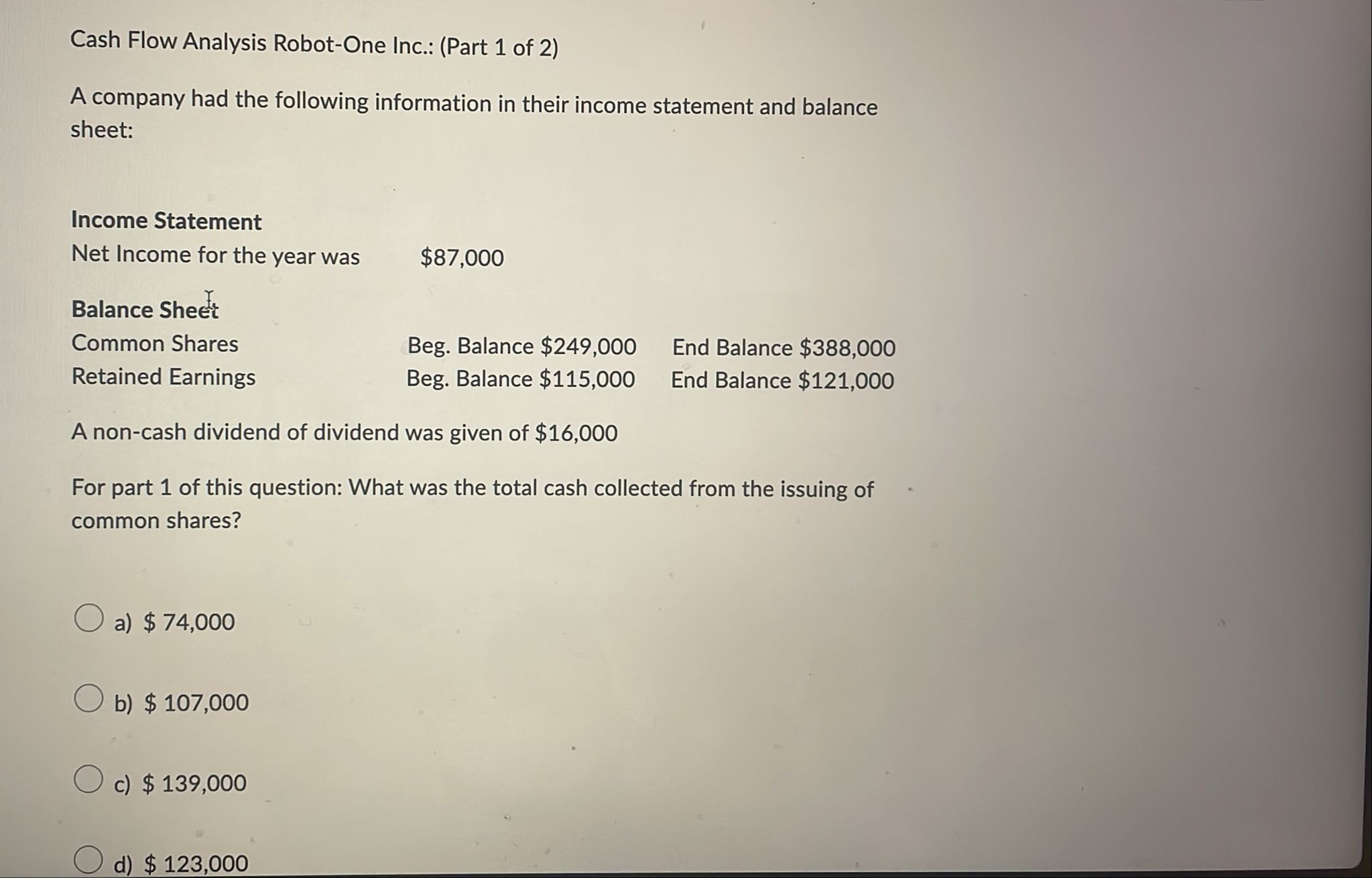 Cash Flow Analysis Robot-One Inc.: (Part 1 of 2)A | Chegg.com