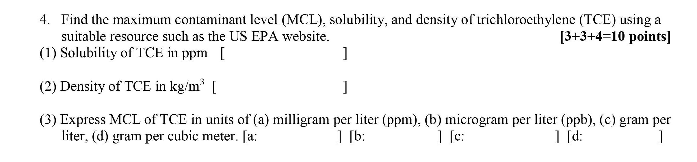 Solved 4. Find the maximum contaminant level (MCL), | Chegg.com