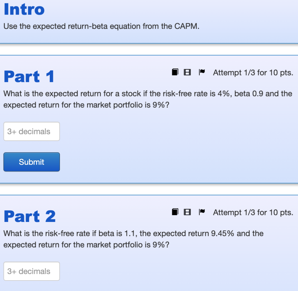 Solved Intro Use the expected return-beta equation from the | Chegg.com