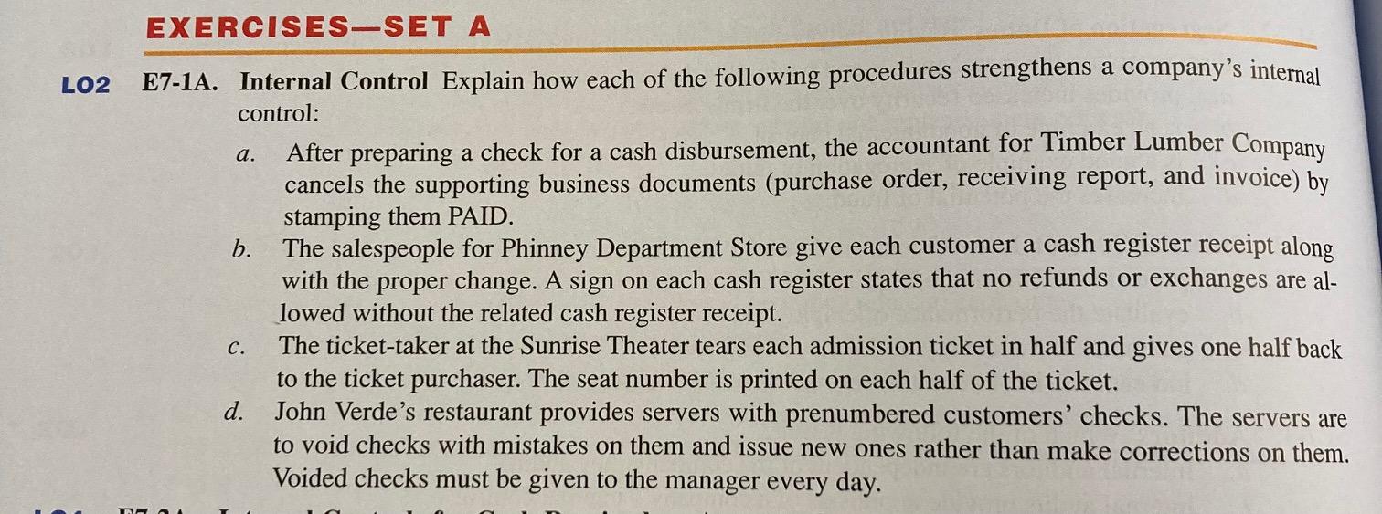 Solved LO2 a. EXERCISESSET A E7-1A. Internal Control Explain | Chegg.com