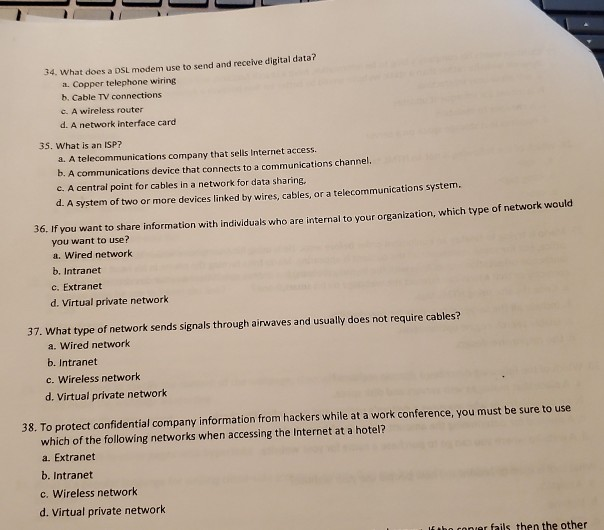 Solved 34. What does a DSL modem use to send and receive | Chegg.com