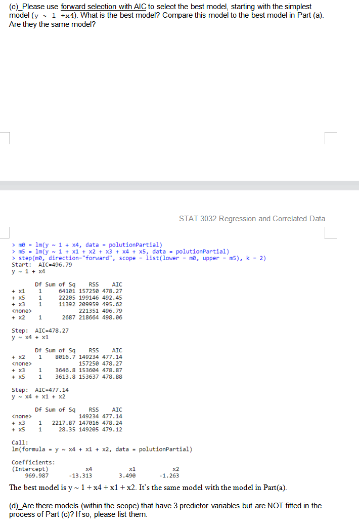 (c) Please use forward selection with AIC to select | Chegg.com