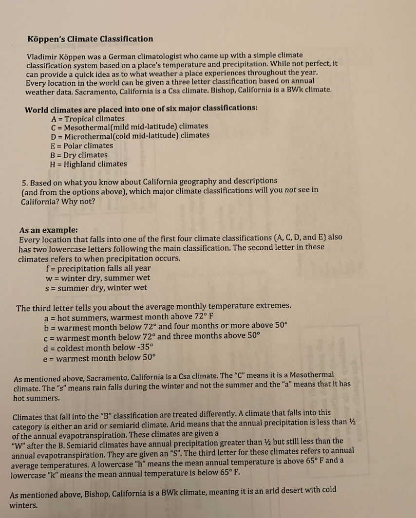 Solved Köppen's Climate Classification Vladimir Köppen was a | Chegg.com