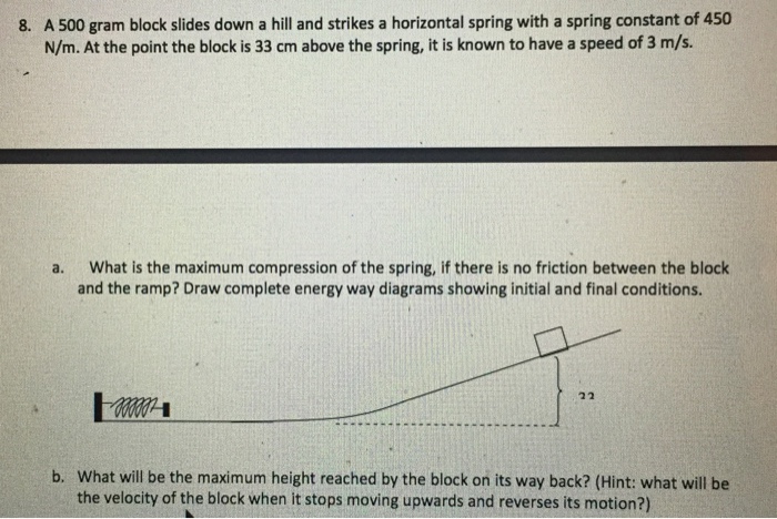 Solved 8. A 500 gram block slides down a hill and strikes a | Chegg.com