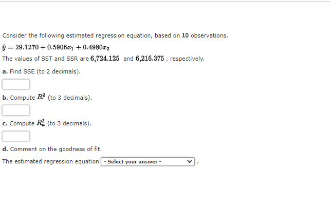 Solved Consider the following estimated regression equation, | Chegg.com