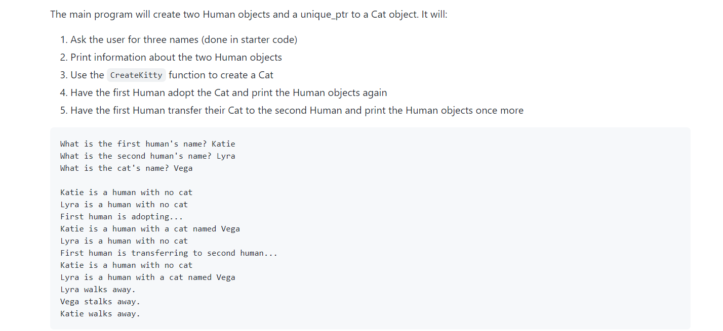 Solved C++ program using std please A Cat class and a Human | Chegg.com