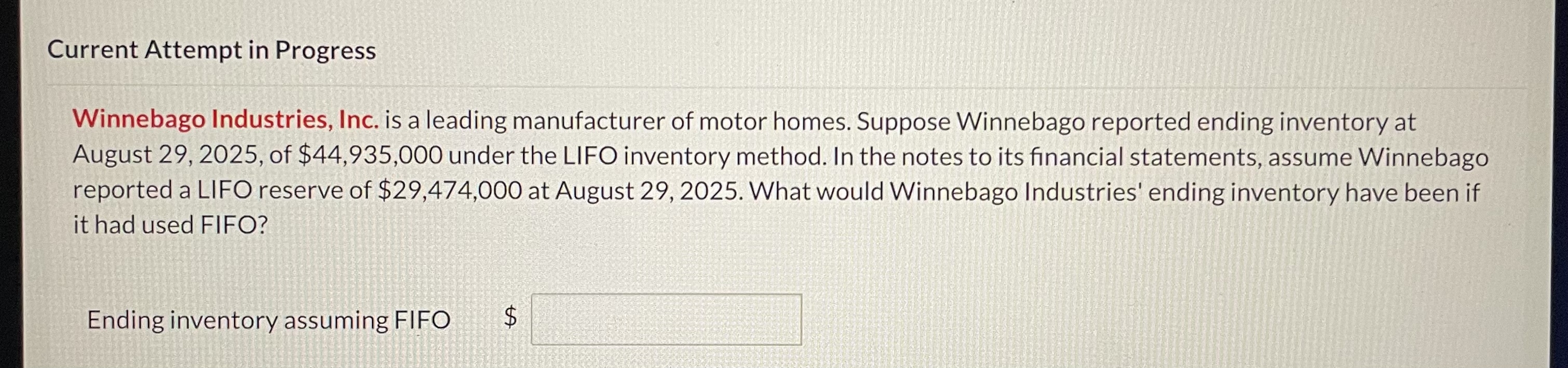 Solved Winnebago Industries, Inc. is a leading manufacturer | Chegg.com
