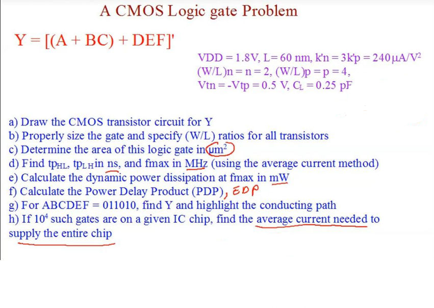Solved A CMOS Logic gate Problem Y=[(A+BC)+DEF]′VDD=1.8 V, | Chegg.com