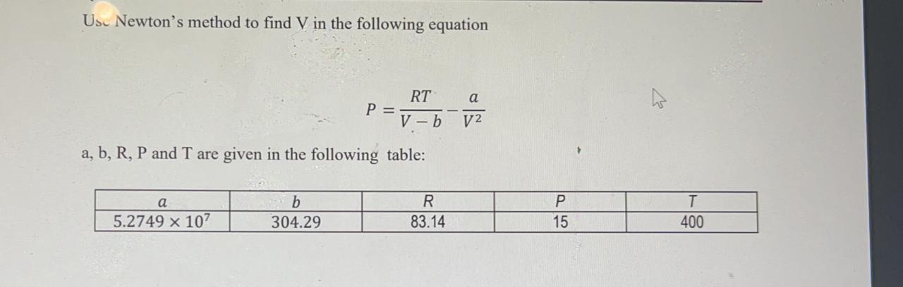 Solved Use Newton's method to find V in the following | Chegg.com