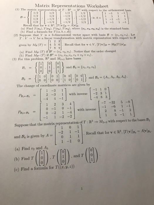 Solved Matrix Representations Worksheet (1) The matrix | Chegg.com