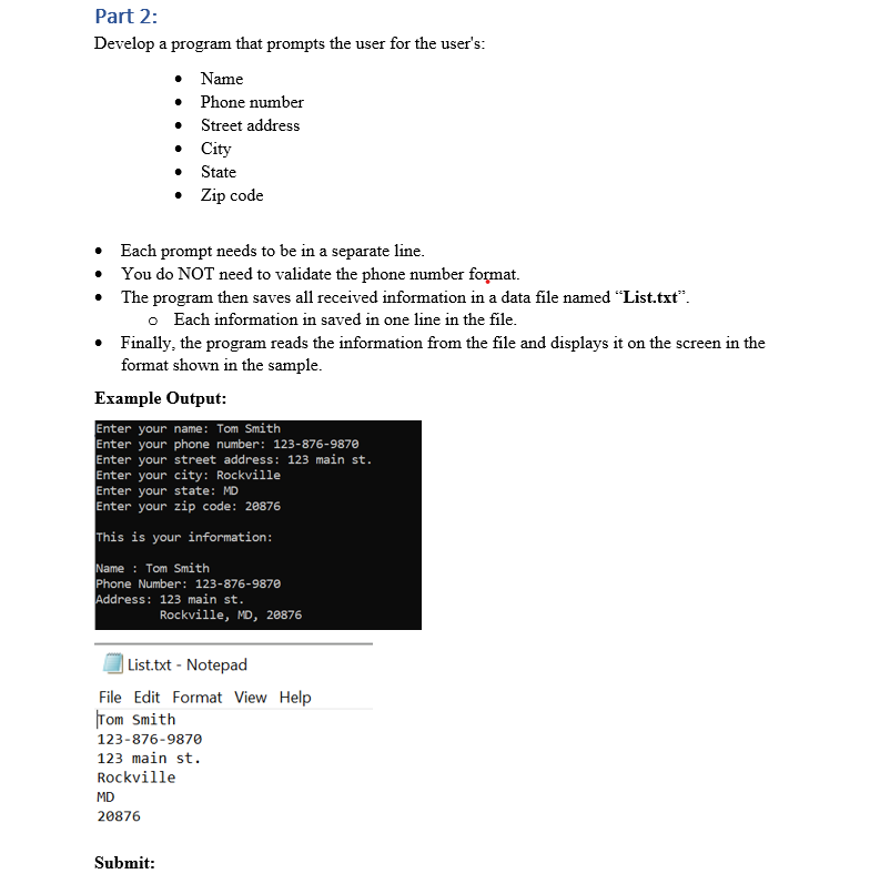 Solved Part 2: Develop a program that prompts the user for | Chegg.com