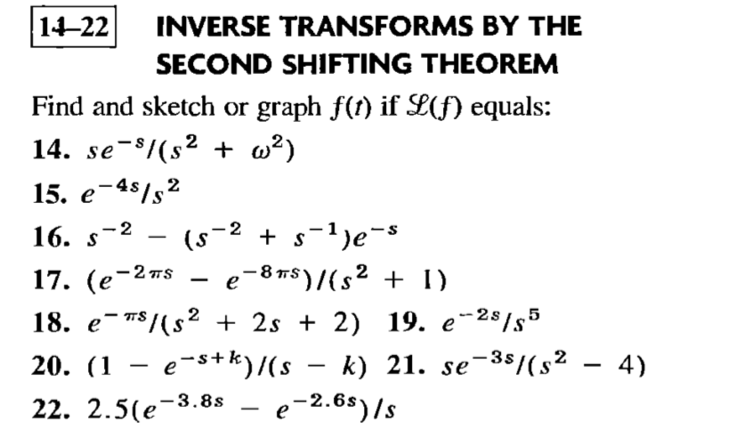 Solved 1422 INVERSE TRANSFORMS BY THE SECOND SHIFTING | Chegg.com