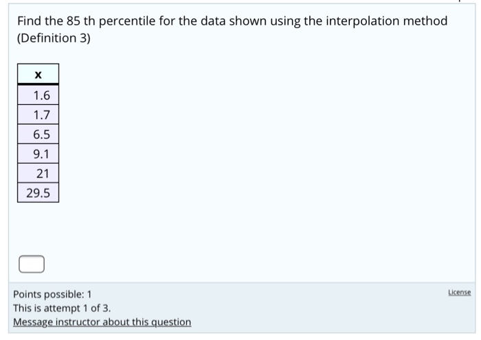 Solved Find the 85 th percentile for the data shown using | Chegg.com