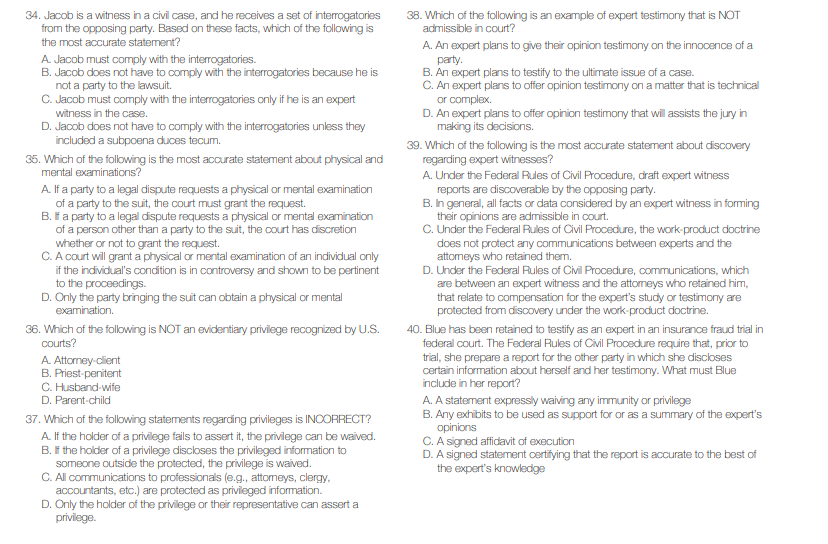 Solved 34. Jacob is a witness in a civil case, and he | Chegg.com